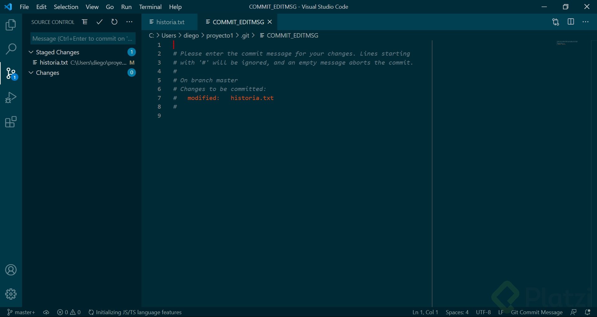 Cuando pongo “git commit” sin comentario, me abre esta pestaña en VSC. ¿Es normal o instalé mal ...